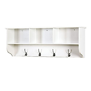 Mbolyeer Wall Mount Coat Rack with Shelf: Entryway Wood Storage Cubes with 4 Dual Hooks - 38.5 Inch Wooden Floating Shelves with Hanging - for Living Room Bathroom Kitchen (White)