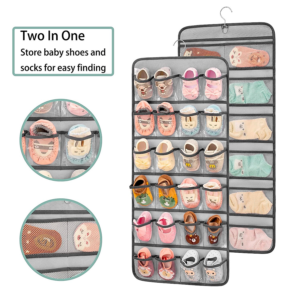 ANIZER Dual-sided Hanging Baby Shoes Organizer Closet Toddler Shoe Storage Holder for Kids Bow Socks Underwear (GREY)