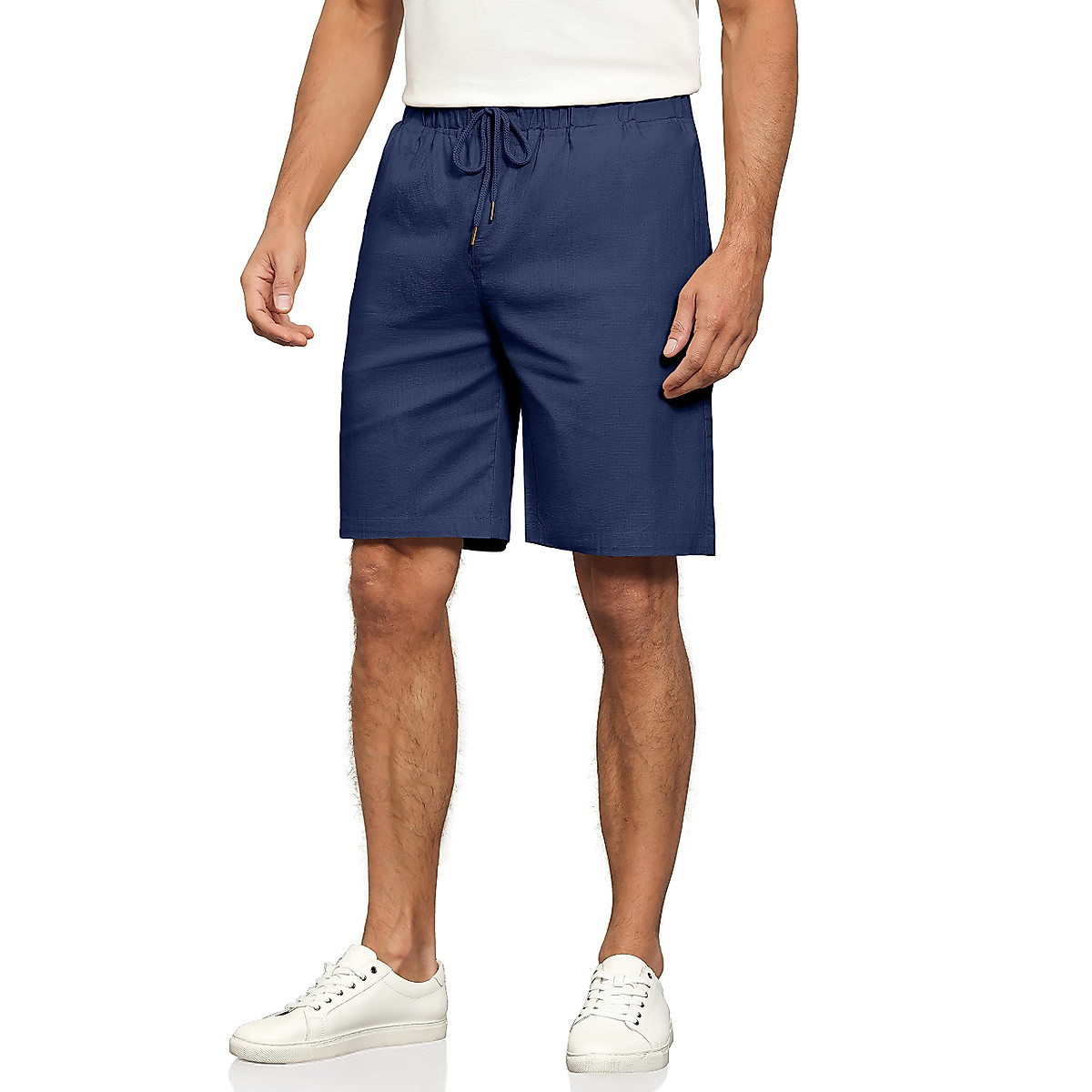 Janmid Men's Linen Casual Classic Fit Short Drawstring Summer Beach Shorts with Elastic Waist and Pockets Navy Blue L