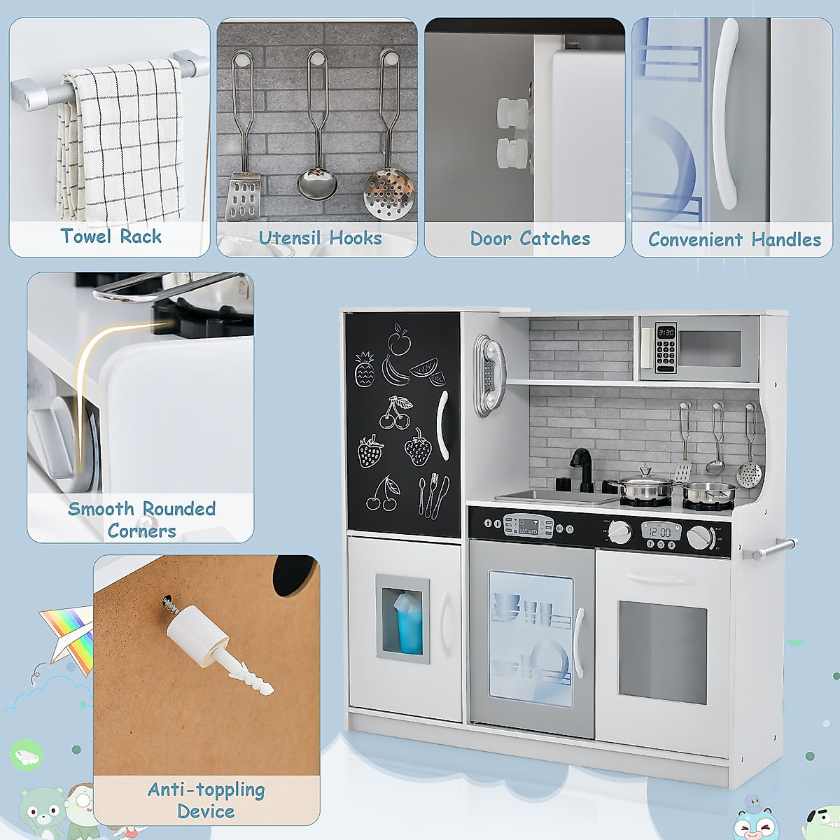 MAT EXPERT Kids Kitchen Playset, Wooden Chef Pretend Toy Kitchen w/Chalkboard, Ice Maker, Cookware Accessories, Telephone, Oven, Microwave, Play Kitchen for Toddlers, Gift for Boys Girls 3+ (White)