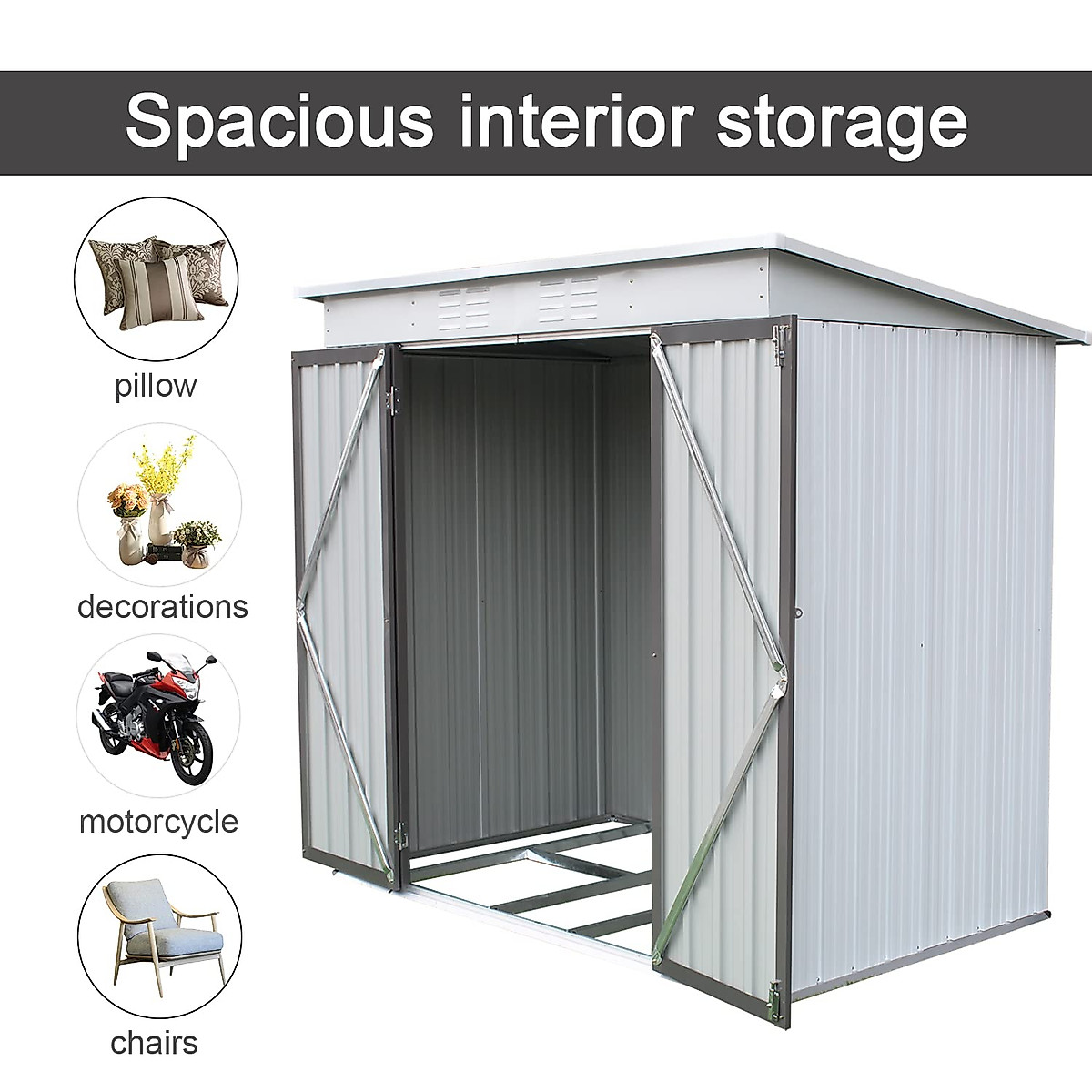 Rophefx 6' x 4' Outdoor Metal Storage Shed with Floor Frame, Outside Waterproof Tool Shed, Steel Garden Shed with Double Lockable Door for Backyard, Patio, Lawn, White & Grey