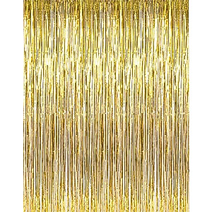 Gold Metallic Tinsel Foil Fringe Curtains | 2pcs 3.2ft x 8.2ft Gold Backdrop Party Streamers for Birthday Wedding Engagement Bridal Shower Baby Shower Bachelorette Party Decorations