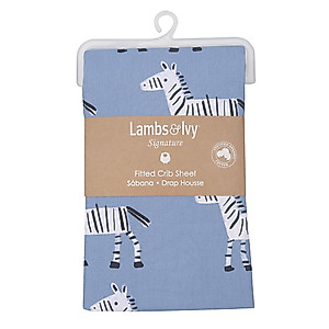 Lambs & Ivy Signature Zebra Blue Organic Cotton Breathable Fitted Crib Sheet