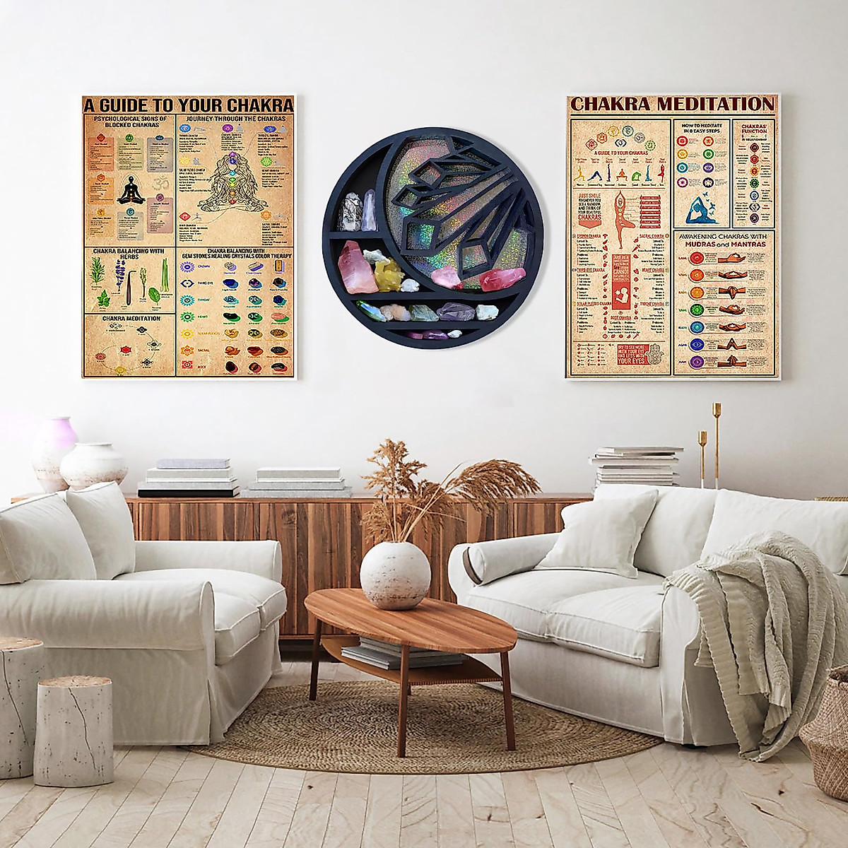 CLKFDCH Wood Crystal Display Shelf, 12 Inch Wooden Crescent Moon Shelf for Crystals Stones, Black Wall Hanging Floating Shelves Home Decor for Essential Oils