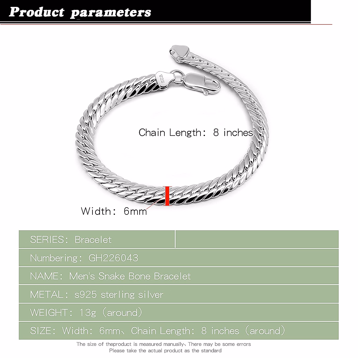 Dankadi Men Italian Solid 925 Sterling Silver Herringbone Bracelet 6MM flat Snake Chain 6.5 "7" 7.5 "8" 8.5 "9" Women Bangle Fine Jewelry gift (Silver, 7.5 inches)