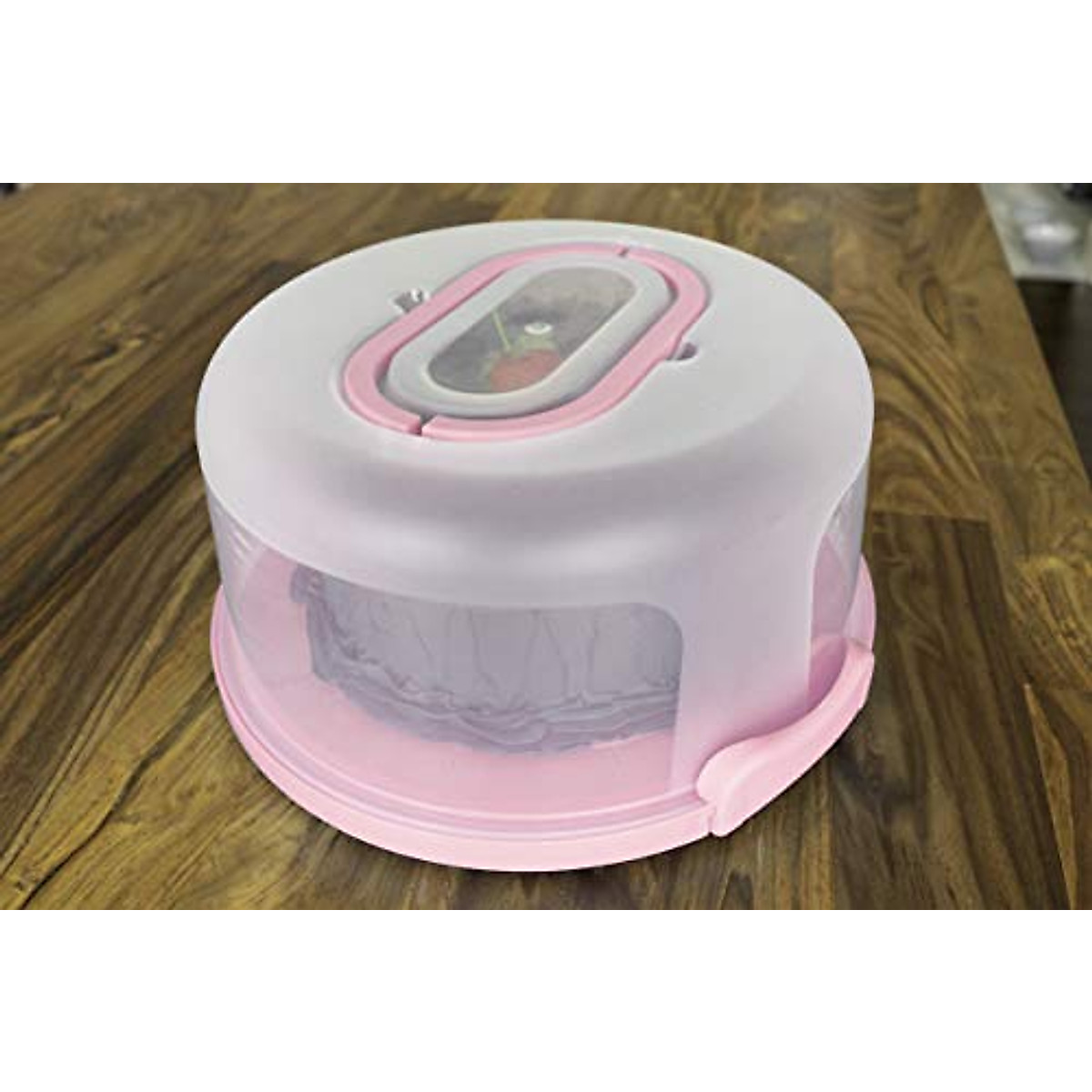 Red Co. 11 inch Cake & Cupcake Muffin Carrier Holder with Collapsible Handles, Pink Tray/Clear Lid