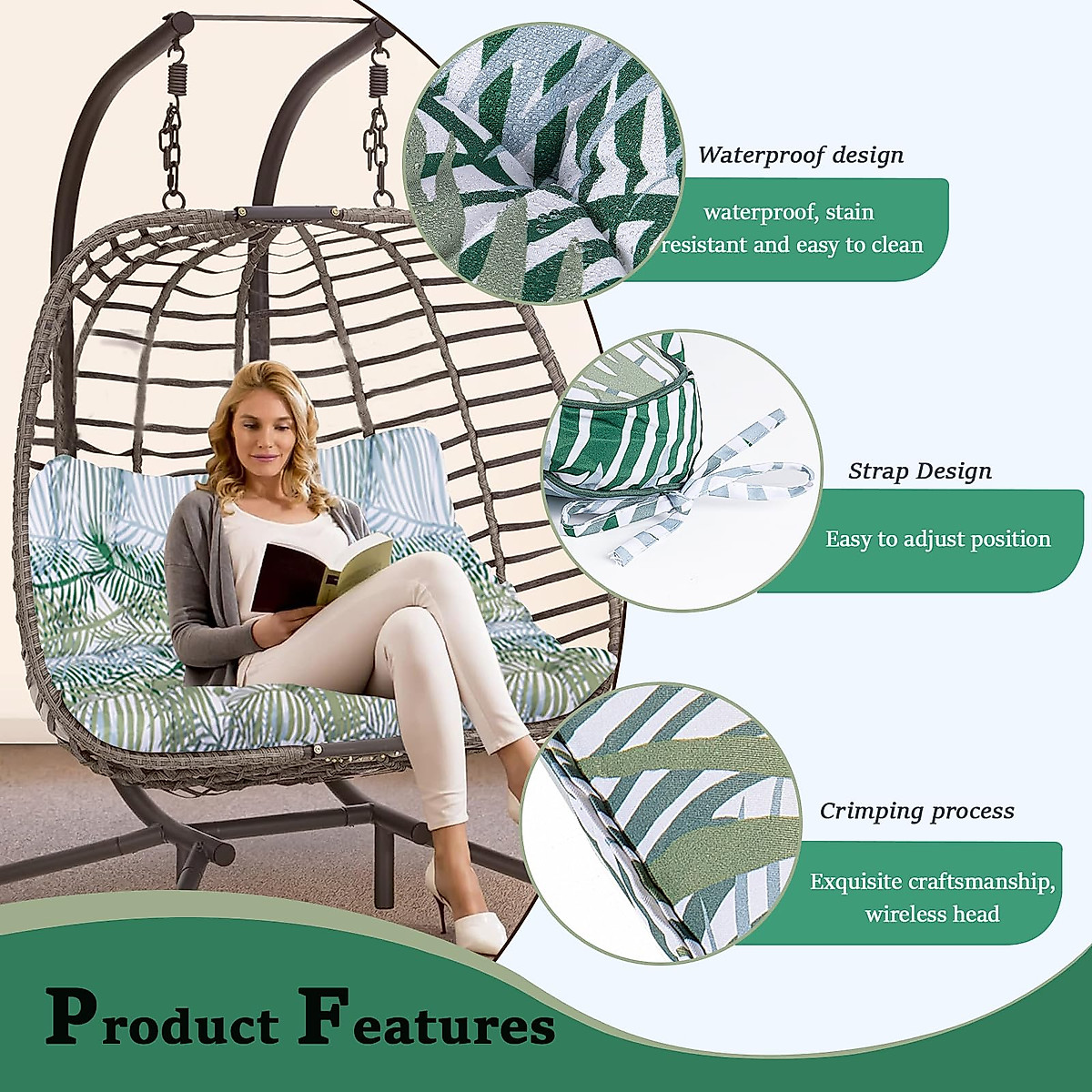 YFYUA 2-3 Seat Swing Replacement Cushions, Waterproof Bench Cushion for Outdoor Furniture with Backrest, Garden Recliner Seat Cushions, for Patio Backyard Porch Garden (40 * 70 in, B-Hawaii)