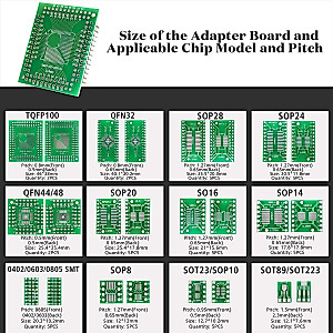 KeeYees 12 Types SMD to DIP Adapter PCB Proto Board Kit SOP8 SOP10 SOP14 SOP16 SOP20 SOP24 SOP28 0402/0603/0805 SMT SOT89/SOT223 TQFP100 QFN32 QFN44/48 with 40pcs 2.54mm Pin Header
