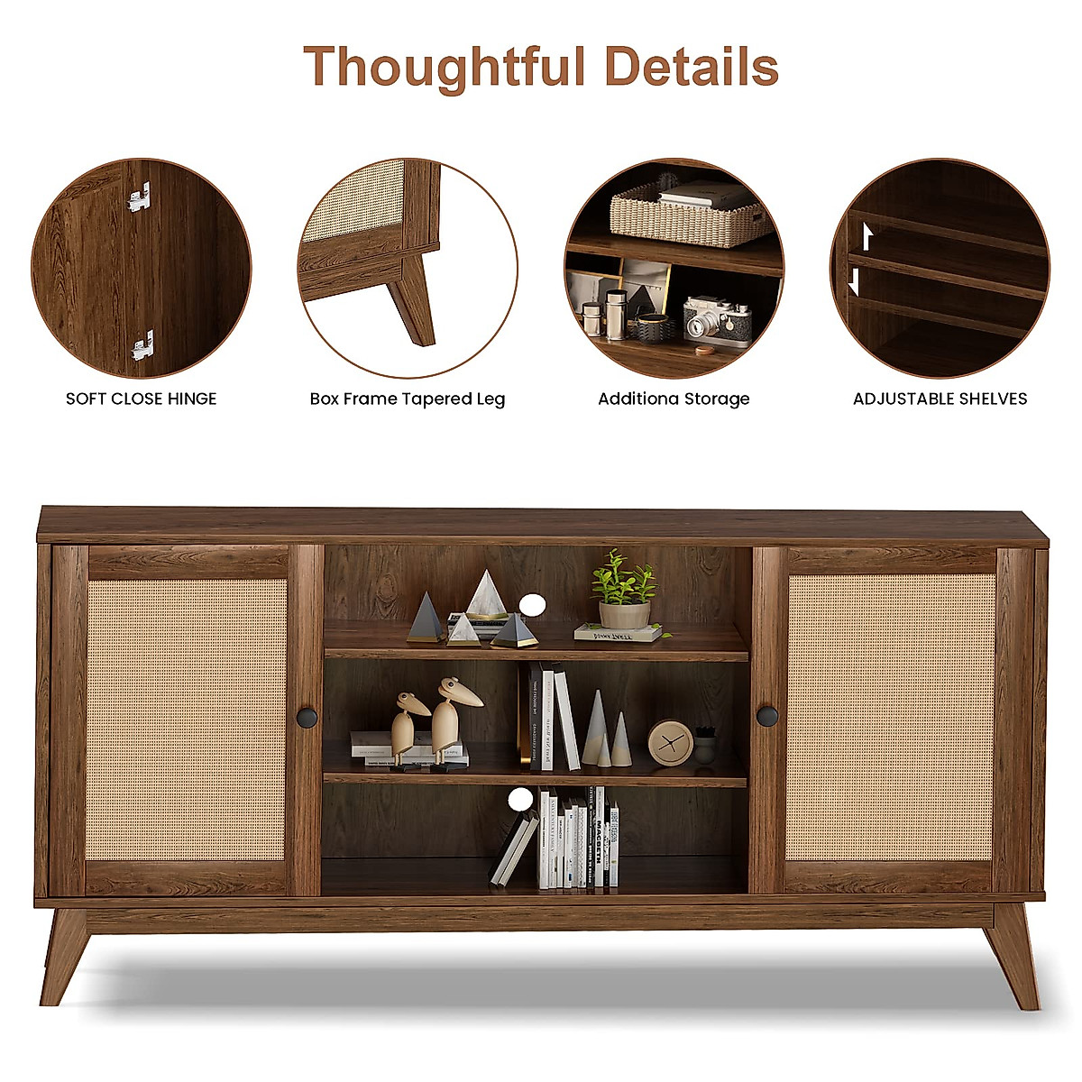 AWQM TV Stand for Living Room, Mid Century Modern TV Console, Rattan Entertainment Center with Storage and Open Shelves, Walnut