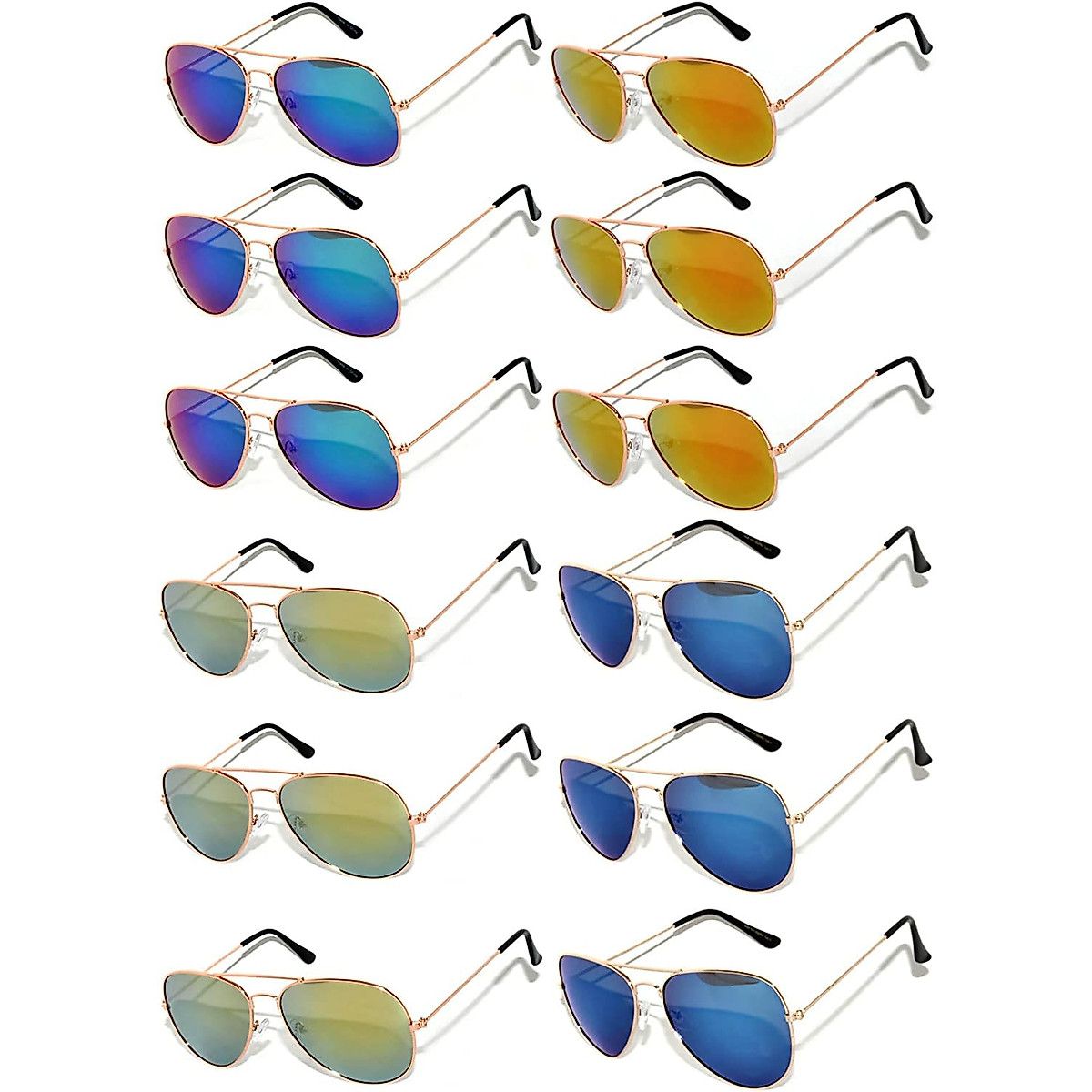 OWL Wholesale 12 Pack Aviator Gold Frame Sunglasses Full Color Mirror Lens Blue, Blue-Green, Red, Yellow UV400