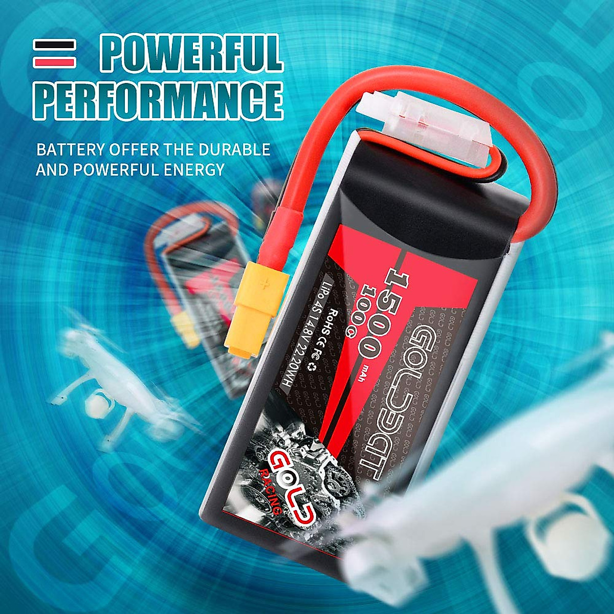 GOLDBAT 4S 1500mAh 100C 14.8V LiPo Battery Pack with XT60 Plug for Heli Airplane Drone FPV Racing (2 Packs)