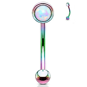 Forbidden Body Jewelry 16g Surgical Steel Synthetic Opal Flat Back Curved Barbell (8mm Rainbow/White)