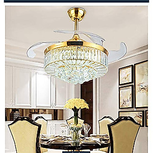 OUKANING Modern Dimmable Crystal Ceiling Fan with Lights and Remote Invisible Retractable Chandelier Fan Light LED Ceiling Light （36 inch） (Golden)