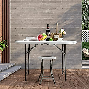 ALIMORDEN 4ft Round Bi-Folding Camp Picnic Table, 48" Portable Plastic Dining Table, Event Commercial Table, Indoor&Outdoor Heavy Duty Trestle Table for Wedding, Party, Garden, Patio, White Granite
