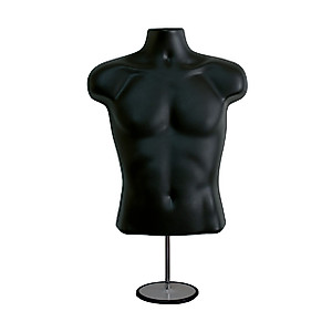 DisplayTown 2 Pack Black Male Mannequin Torso with Metal Stand Hollow Back Body Stackable Dress Form for Tshirt Display, Countertop, Craft Shows, Photos and Design, S-M Clothing Size