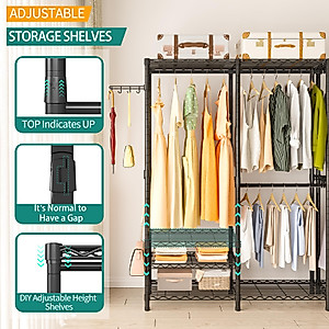 Exglobol Heavy Duty Garment Rack, Metal Closet Organizers and Storage, Wardrobe Clothing Racks for Hanging Clothes, 3 Tiers Adjustable Wire Shelving with 2 Hanger Rods and Side Hooks, Black