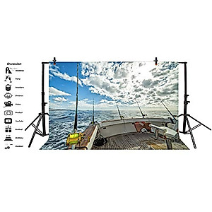 AOFOTO 10x7ft Sea Landscape Backdrop Fishing Boat Fishing Poles Blue Sky White Cloud Photography Background Anglers Vacation Video Displays TV Film Production Studio Prop Video Drape