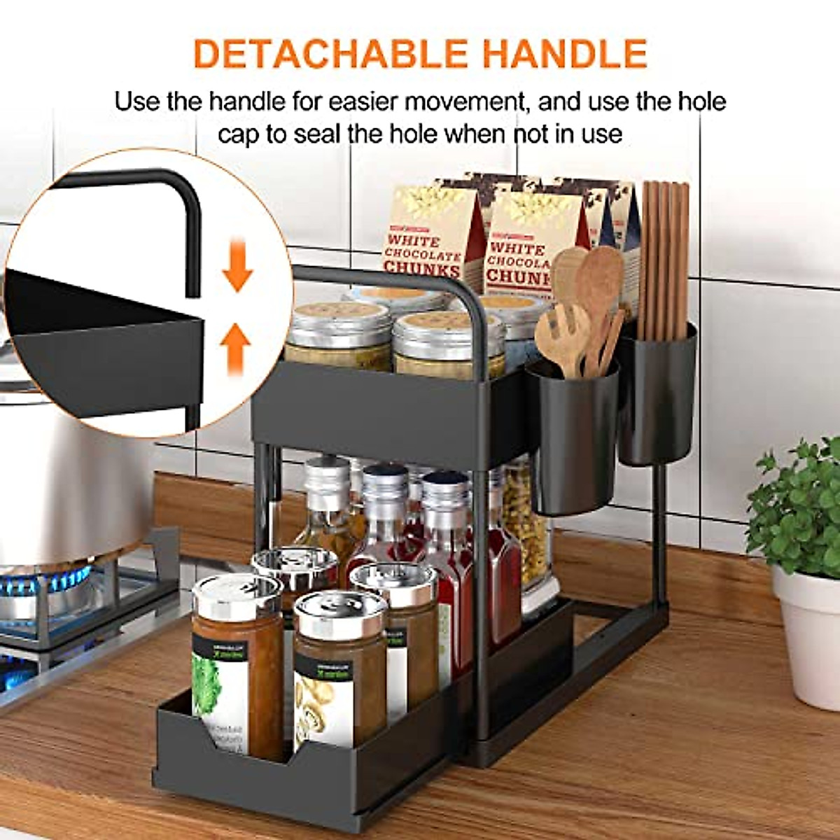 YOWOMTA Under Sink Storage Organizers,2-Tier Sliding Cabinet Drawer Organizer for Bathroom Kitchen,Pull Out Cupboard Organization Basket with Hooks,Hanging Cups,Handles