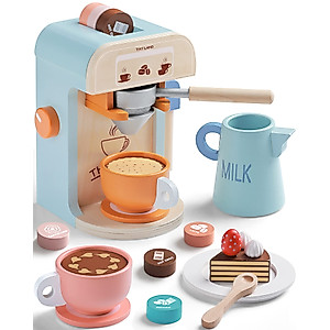 Tiny Land Kids Coffee Maker Wooden Kitchen Toys - 17Pcs Toy Coffee Maker Playset - Wooden Play Toys, Play Kitchen Accessories for Girls & Boys