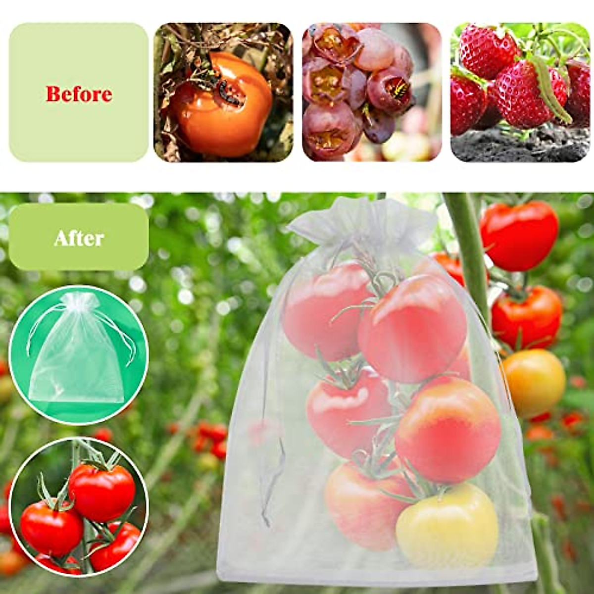 50 Pcs Fruit Protection Bags, 6x9" White Fruit Netting Bags for Fruit Trees Fruit Cover Mesh Bag with Drawstring, Netting Barrier Bags for Grapes Mango Fruit Trees Veggies Garden