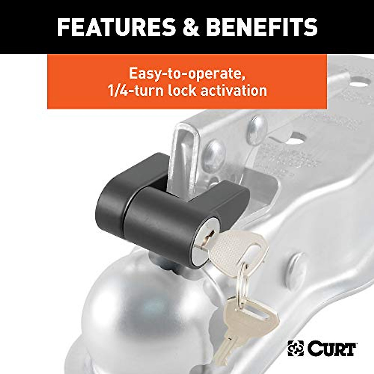 CURT 23521 Black Trailer Tongue Coupler Lock, 1/4-Inch Pin Diameter, Up to 3/4-Inch Span