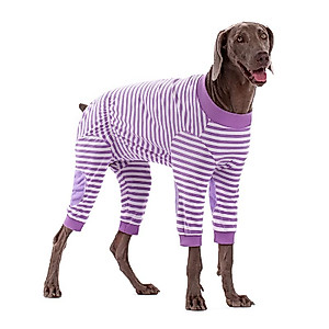 Large Dogs Pajamas, Stripes Cotton Stretchable Dog Jumpsuit, 4 Legs Lightweight Dog Onesie Pjs Clothes Apparel with Zipper Closer and Elbow Pads, Full Coverage Large Breed Dogs Anti-Shedding Suit
