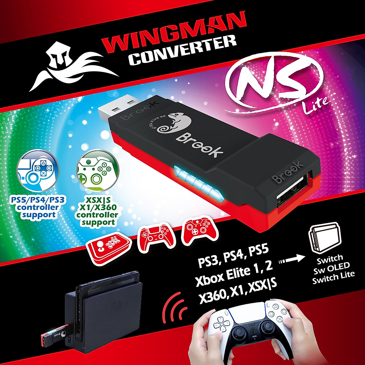 Brook Wingman NS Lite Converter- Support Xb Series X/S/One/360, PS5/PS4/PS3, Xb Elite 1/2, Switch Pro Controllers on Switch and PC(X-Input) Gaming Console, Supports Remap, Marco, and Adjustable Turbo