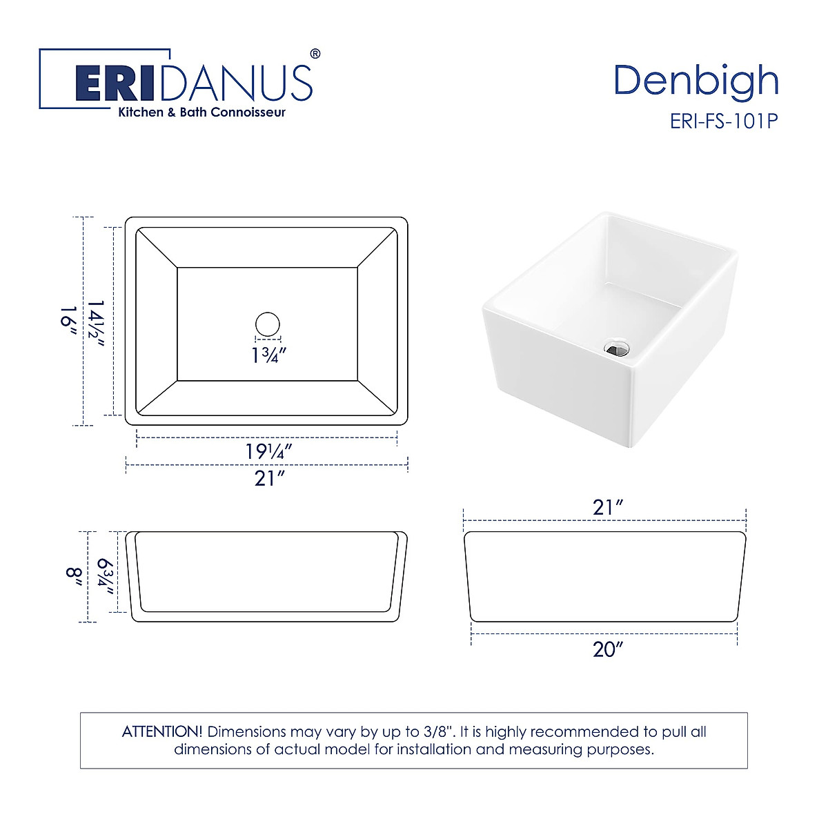 Eridanus 21 inches Kitchen Sink, Utility Farmhouse Sink, Prep and Bar Sink, Laundry Sink, 20-7/8" x 14-9/16" x 7-7/8"