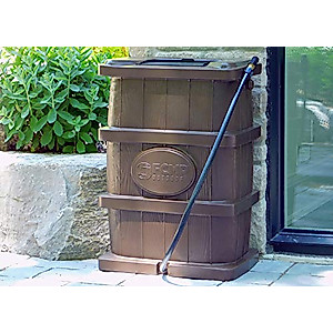 FCMP Outdoor Wood Grain 45-Gallon Rain Barrel - Water Rain Catcher Barrel with Flat Back for Watering Outdoor Plants, Gardens, and Landscapes, Brown