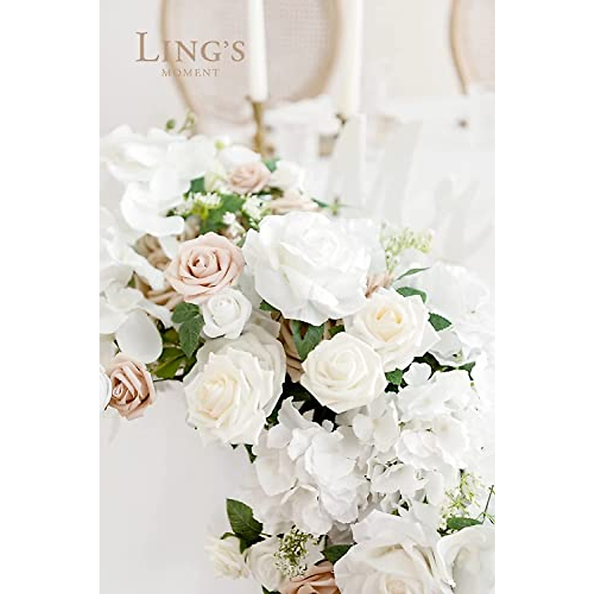 Ling's Moment Artificial Flowers Ivory Foam Fake Roses with Stems 25pcs for DIY Wedding Bridal Shower Centerpieces Tables Decorations Party