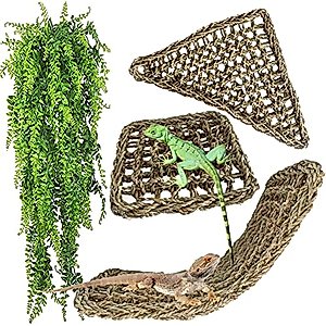 MUYG Reptile Hammock,Large Lizard Lounger,Bearded Dragon Tank Accessories Natural Seagrass Hammocks Hanging Flexible Climbing Vines Decoration for Gecko Snakes Chameleon(4 PCS)