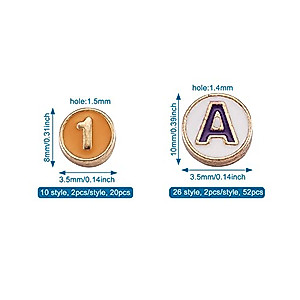Pandahall 72Pcs Alloy Enamel Letter Beads Mixed Color Flat Round Number 0-9 & Alphabet Letter A-Z Beads Loose Spacers for Jewelry Making, Hole: 1.4-1.5mm