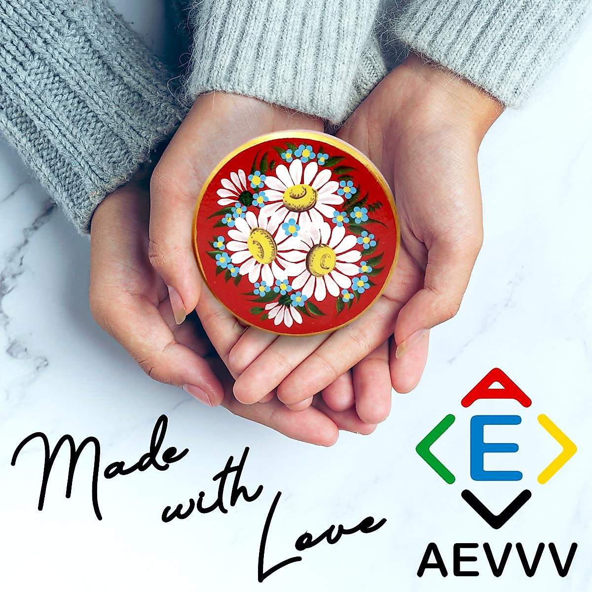 AEVVV Red Round Wooden Trinket Box with Lid for Jewelry - Decorative Wooden Box with Hand Painted Slavic Floral Design - Lacquer Engagement Ring Box Flowers