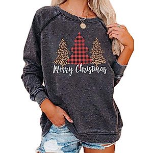 LUKYCILD Christmas Trees Sweatshirt Women Plaid Leopard Graphic Long Sleeve Pulllover Tops