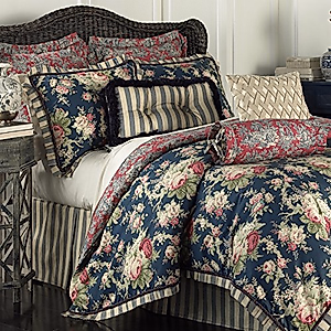 Waverly Sanctuary Rose Modern Farmhouse Floral 4-Piece Reversible Comforter Set, Queen, Heritage Blue