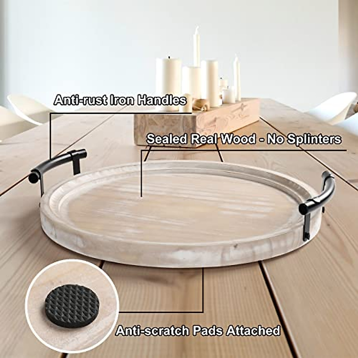 Round Wood Tray/w Wood Bead Garland - 13" Decorative Trays for Home Decor - Round Wooden Tray with Handles - Wooden Round Tray for Kitchen Counter.