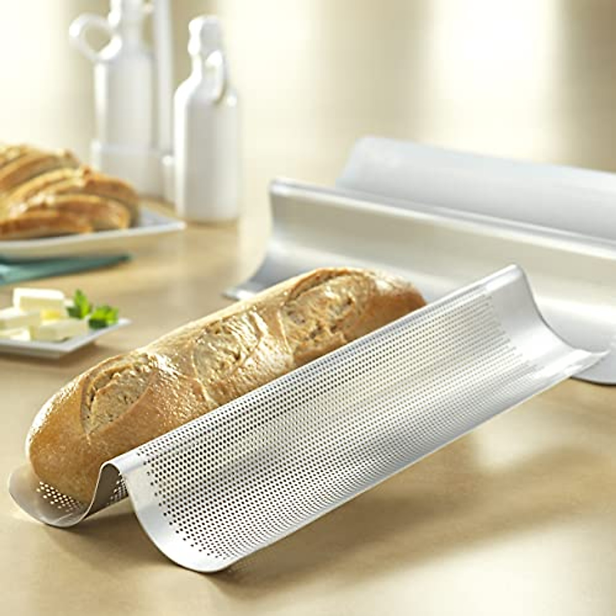 USA Pan Bakeware Aluminized Steel Perforated Italian Bread Pan, 16'' x 8'', 2-Loaf