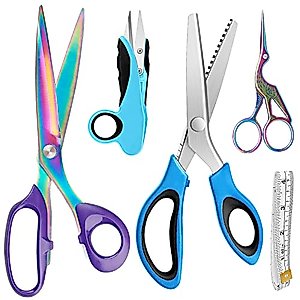 Asdirne Sewing Bundle, Sharp Stainless Steel Blade, Comfortable Handle, Include Fabric Scissors, Pinking Scissors, Embroidery Scissors, Thread Snips and Measuring Tape, 5 Pcs, Great Sewing Partners