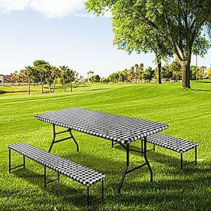 Ruisita 3 Pieces 72 Inches Vinyl Picnic Table and Bench Fitted Tablecloth Cover Picnic Table and Bench Fitted Tablecloth for Picnics Indoor and Outdoor Dining, Black and White