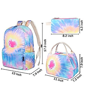 DUPHLAGT Backpack for Girls Boys, Water Resistant Causal Kids Backpack with Lunch Box, Pencil Case, Lightweight Daypack School Bag for Elementary Teen Girls (Tie-dye Heart Yellow)