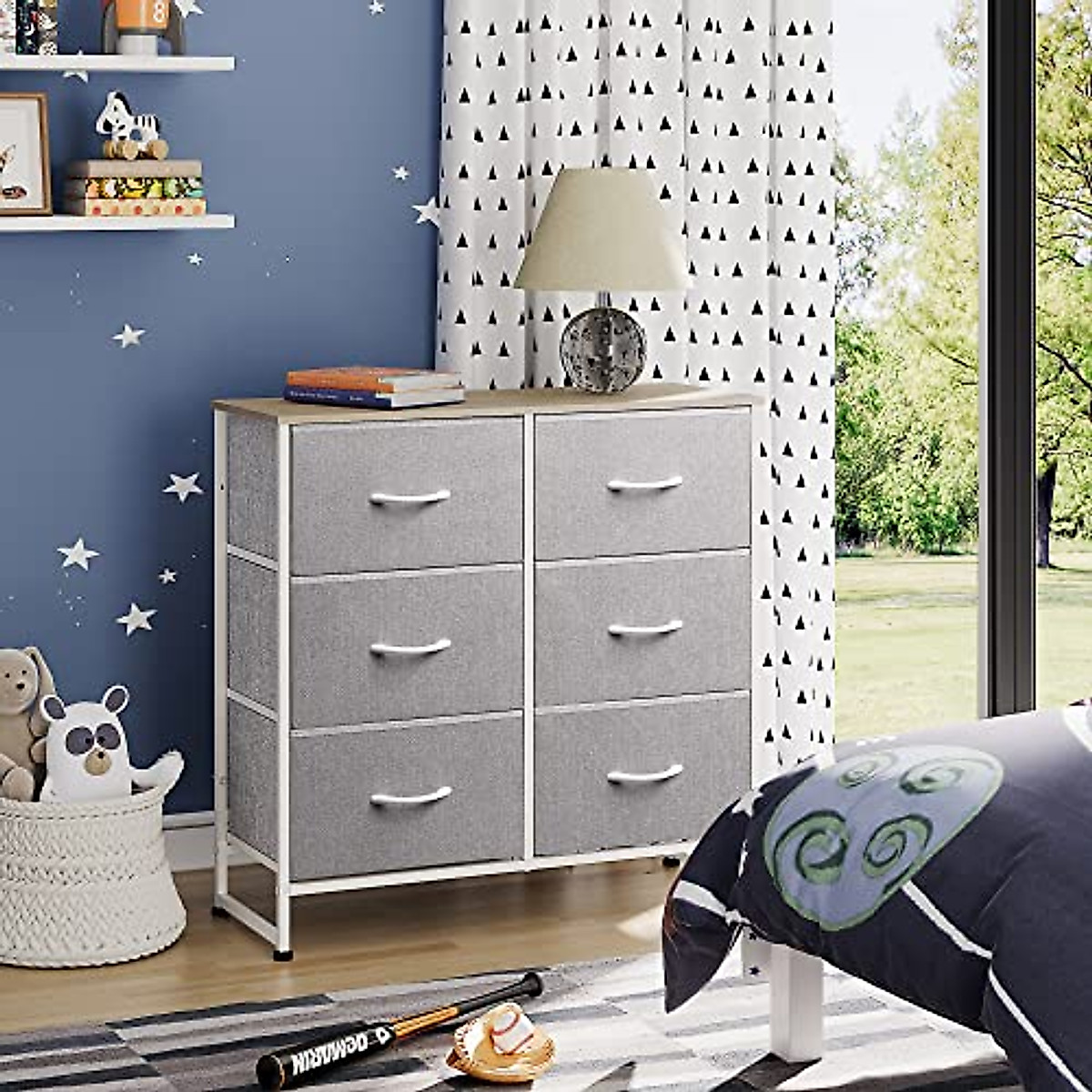 WLIVE Fabric Dresser for Bedroom, 6 Drawer Double Dresser, Storage Tower with Fabric Bins, Chest of Drawers for Kid's Room, Closet, Playroom, Nursery, Dormitory, Light Grey