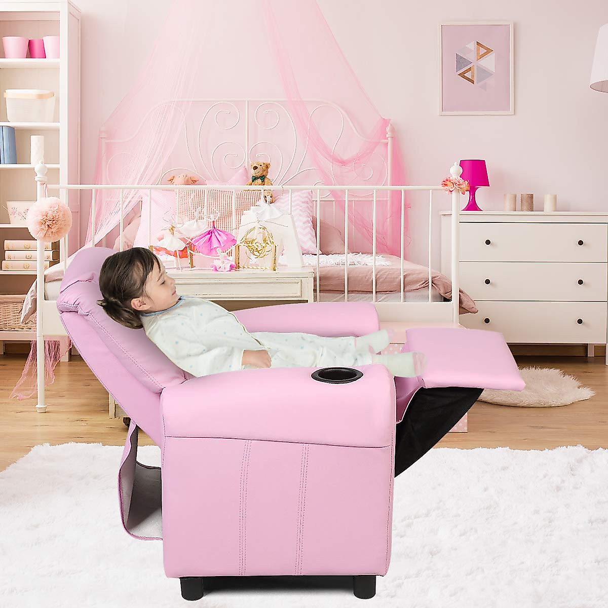 HONEY JOY Kids Recliner, 2-in-1 Toddler Armrest Sofa Couch with Cup Holders, Adjustable Footrest, PU Leather, Child-Size Recliner Chair for Boys Girls Age 3+ (Pink)