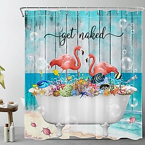 LB Pink Flamingo Shower Curtain Tropical Fish Coral in Bathtub on Beach Shower Curtain Set Blue Ocean Get Naked Shower Curtains for Bathroom Waterproof Washable Fabric with Hooks,72x72 inch