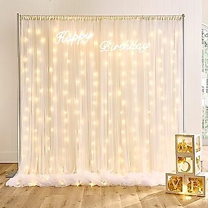 10ft x 10ft Dual Layer Ivory Tulle Backdrop Curtain Panels with Light, 2 Panels 5 x 10 ft Photo Background Drapes for Wedding Baby Shower Party Engagement Bridal Shower Photography