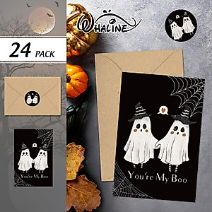 Whaline 24 Pack Halloween Greeting Cards with Envelopes Stickers Ghost You're My Boo Funny Cards Blank Thank You Note Cards for Birthday Anniversary Valentine's Day