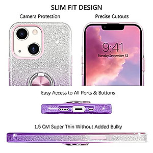 GUAGUA Compatible with iPhone 13 Mini Case 5.4 Inch Glitter Sparkle Bling Cute Cover for Girls Women with Pink Ring Holder Kickstand Shockproof Protective Case for iPhone 13 Mini Gradient Purple