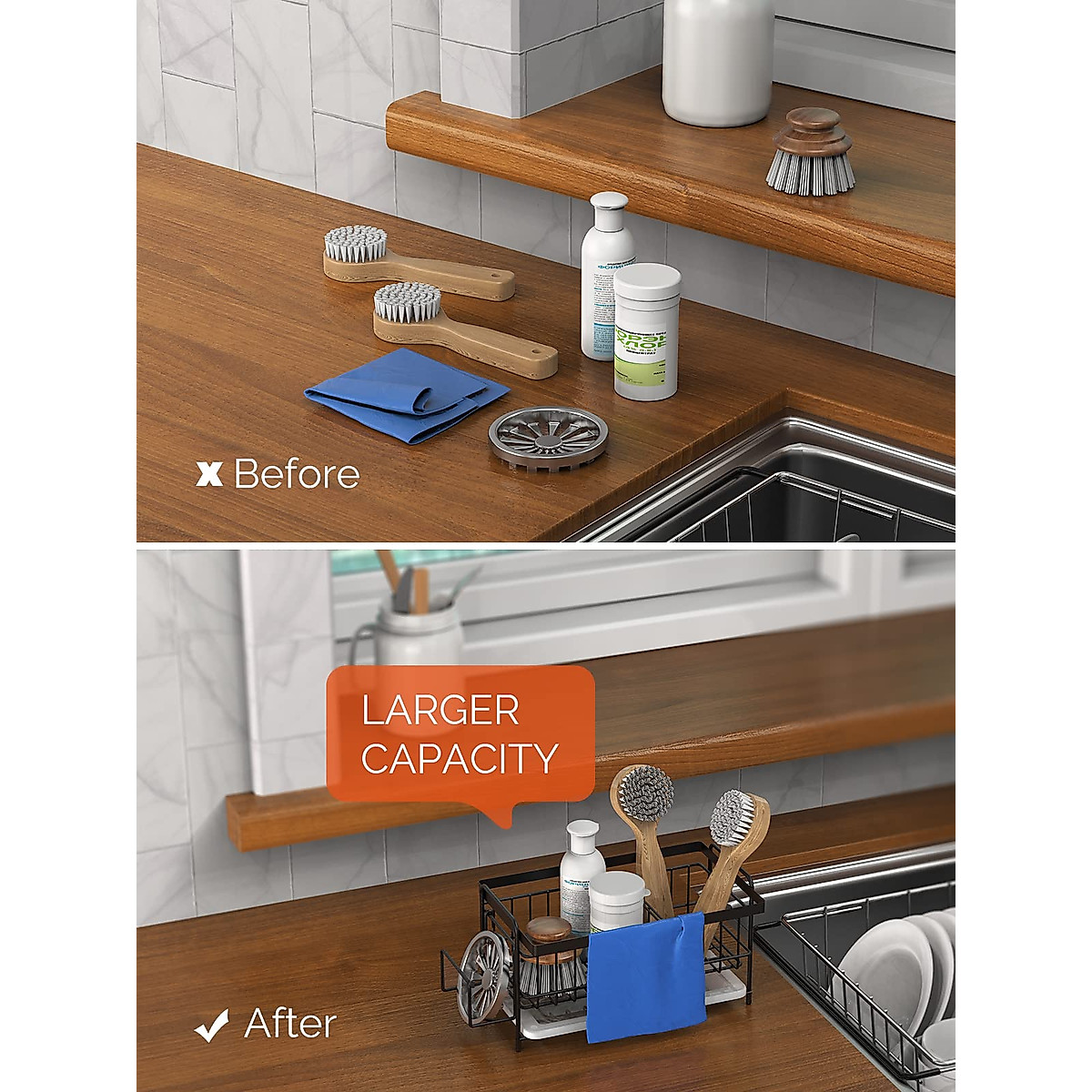 FixOwl Sink Caddy Kitchen Sink Organizer Sponge Holder for Kitchen Sink Non-Slip Countertop Organizer SUS304 with Removable Tray, Black