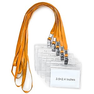 50 Pack Clear Plastic Horizontal Name Tag Badge Holder and 50 Pack Orange Lanyard Waterproof Name Tag Holder with Lanyard for Adults Kids Office School