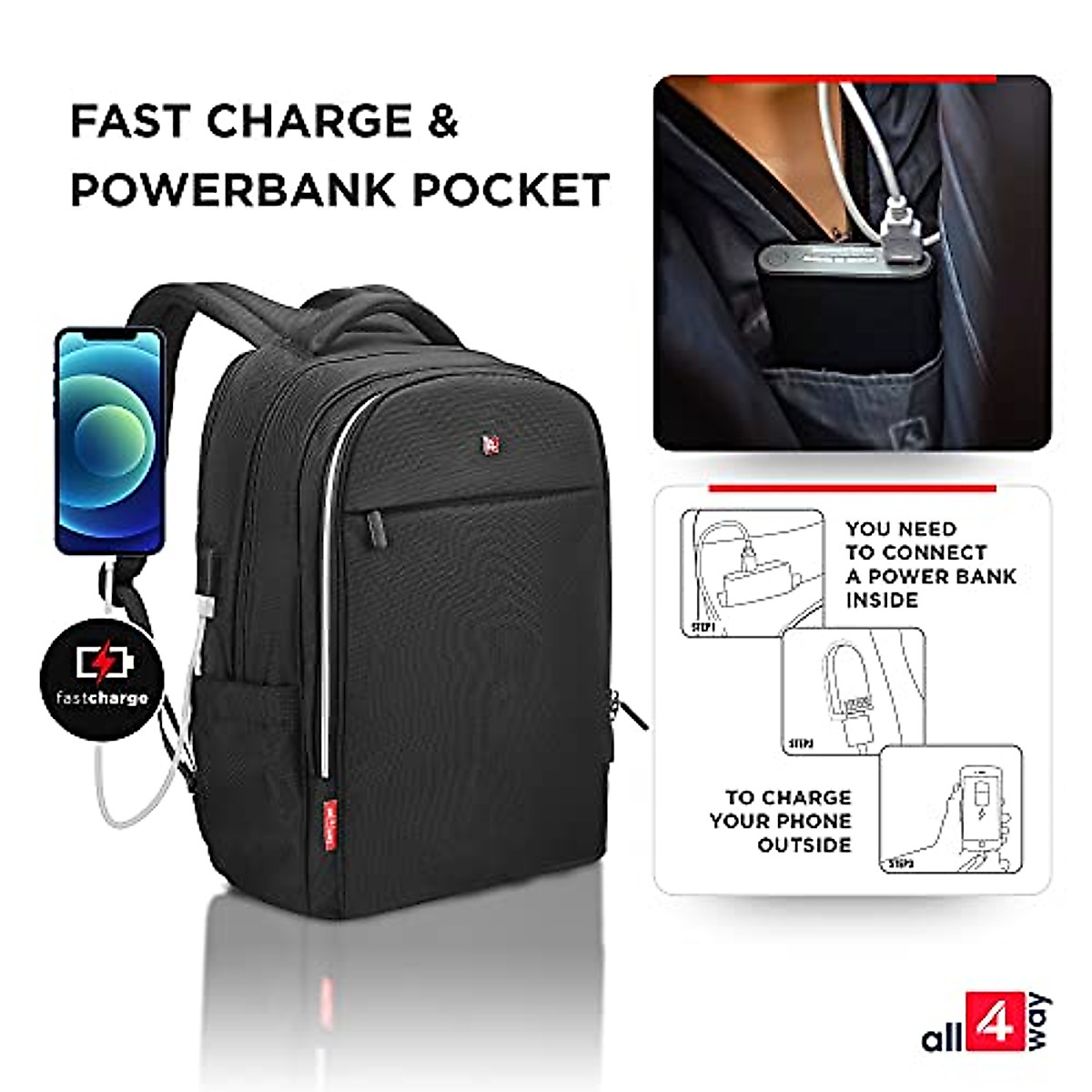 all4way Premium Laptop Backpack for Women Men - USB Quick Charge RFID 17"- Swiss Design Anti-Theft, Waterproof with Rain Cover for Business Travel College - Durable & Soft 1680d Polyester