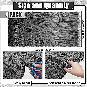 4 Pcs Christmas Faux Fur 10 x 20 Inch Faux Fur Fabric Squares Shaggy Fluffy Fabric Patches Ultra Soft Plush Craft and Hobby Fabric Craft Supply, Halloween Costume, Decoration (Grey)